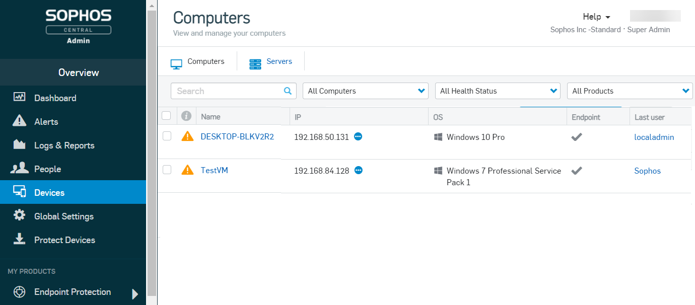 Gerenciar dispositivos no Sophos Central - Sophos Central Admin