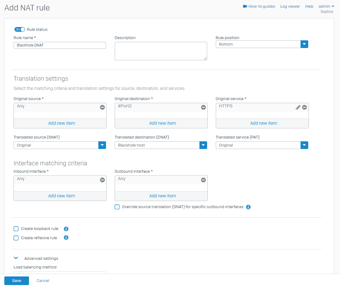 Create a black hole DNAT rule - Sophos Firewall