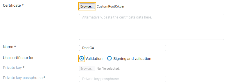Add externally generated certificate, intermediate and root CAs ...